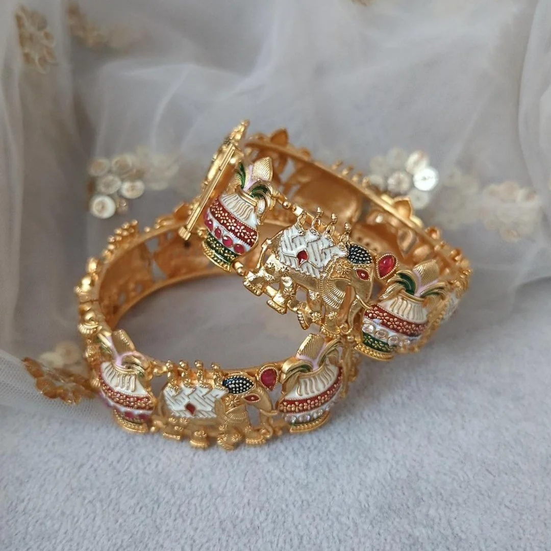 Pair of Gold Elephant Doli Rajwadi Indian Asian Kangan Bangles Kadey Glimour Jewellery