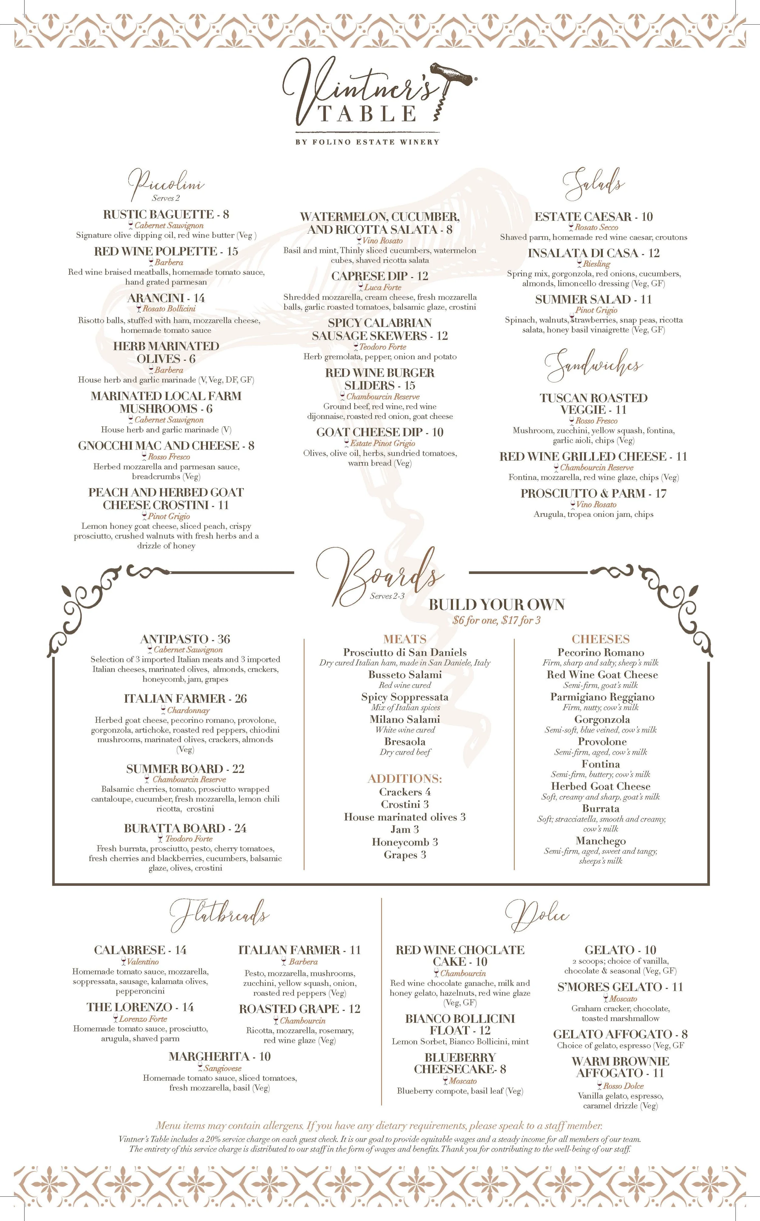 Menu — Vintner's Table by Folino Estate
