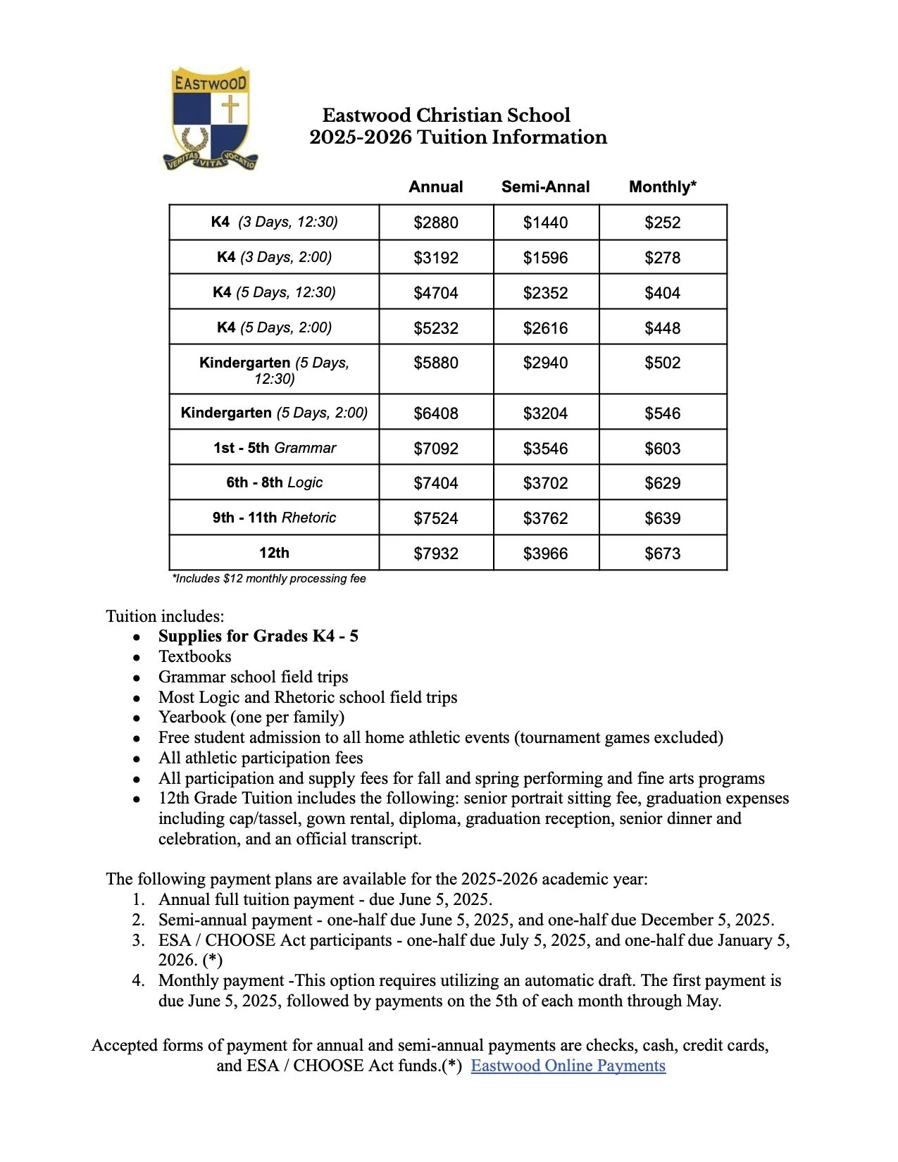 Tuition Rates — Eastwood Christian School
