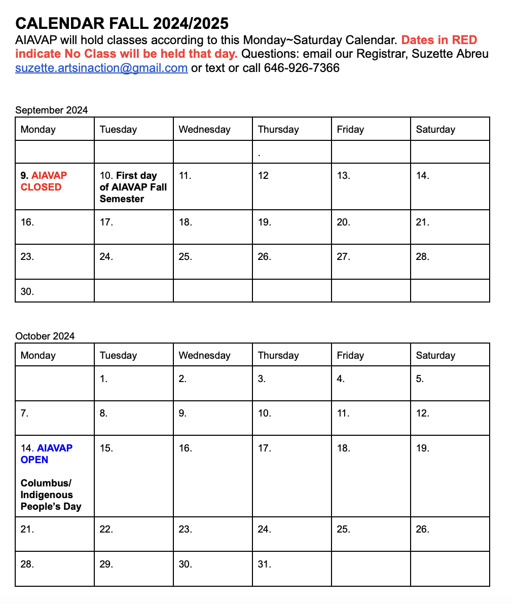 Calendar — Arts in Action VAP