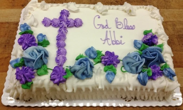 Scroll Work Religious Sheet Cake with Fondant Cross and Name — Trefzger ...