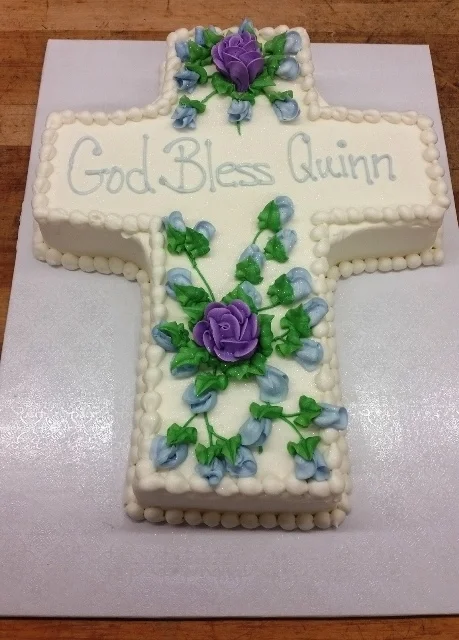 Scroll Work Religious Sheet Cake with Fondant Cross and Name — Trefzger ...