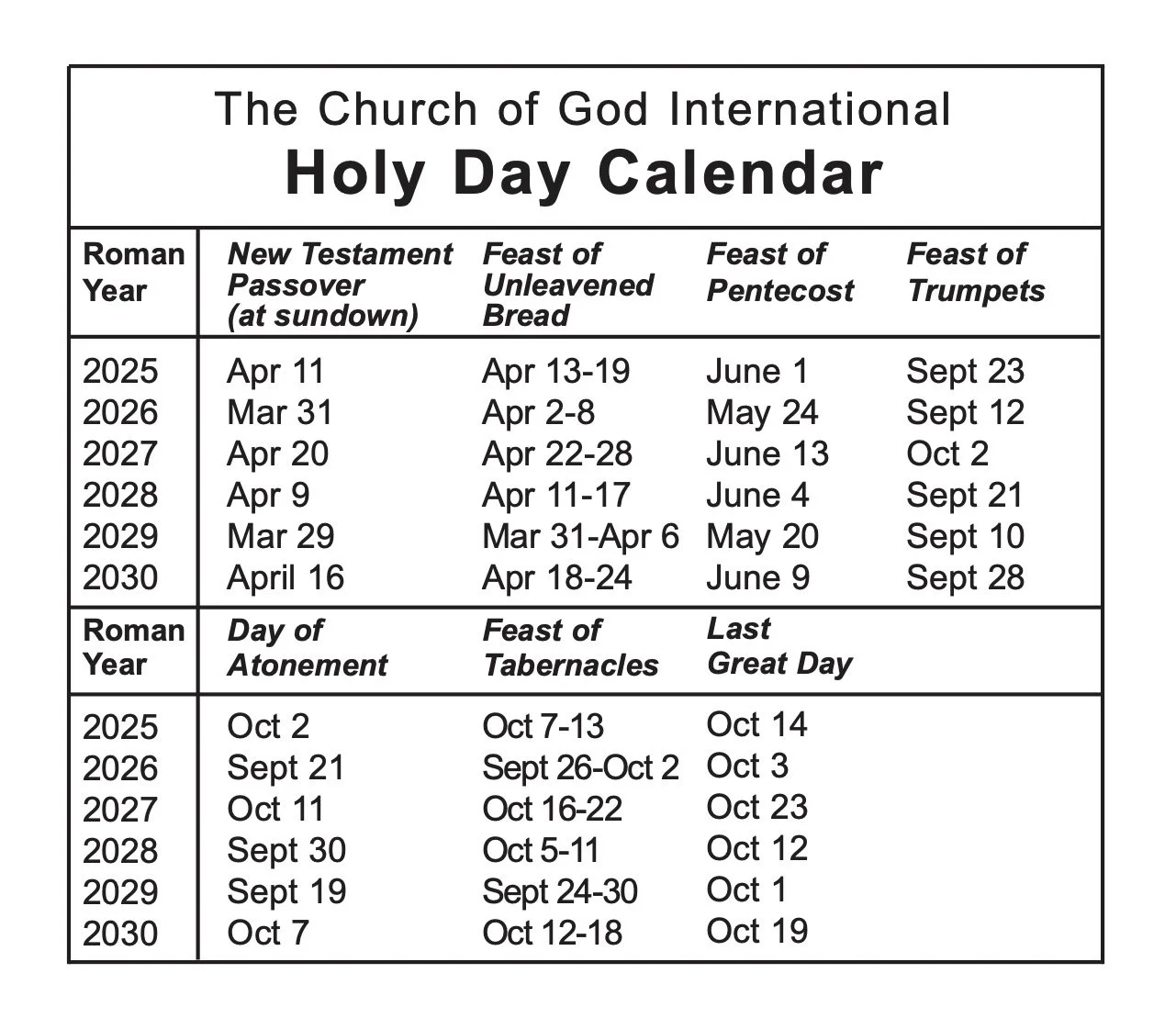 Holy Day Calendar — The Church of God International
