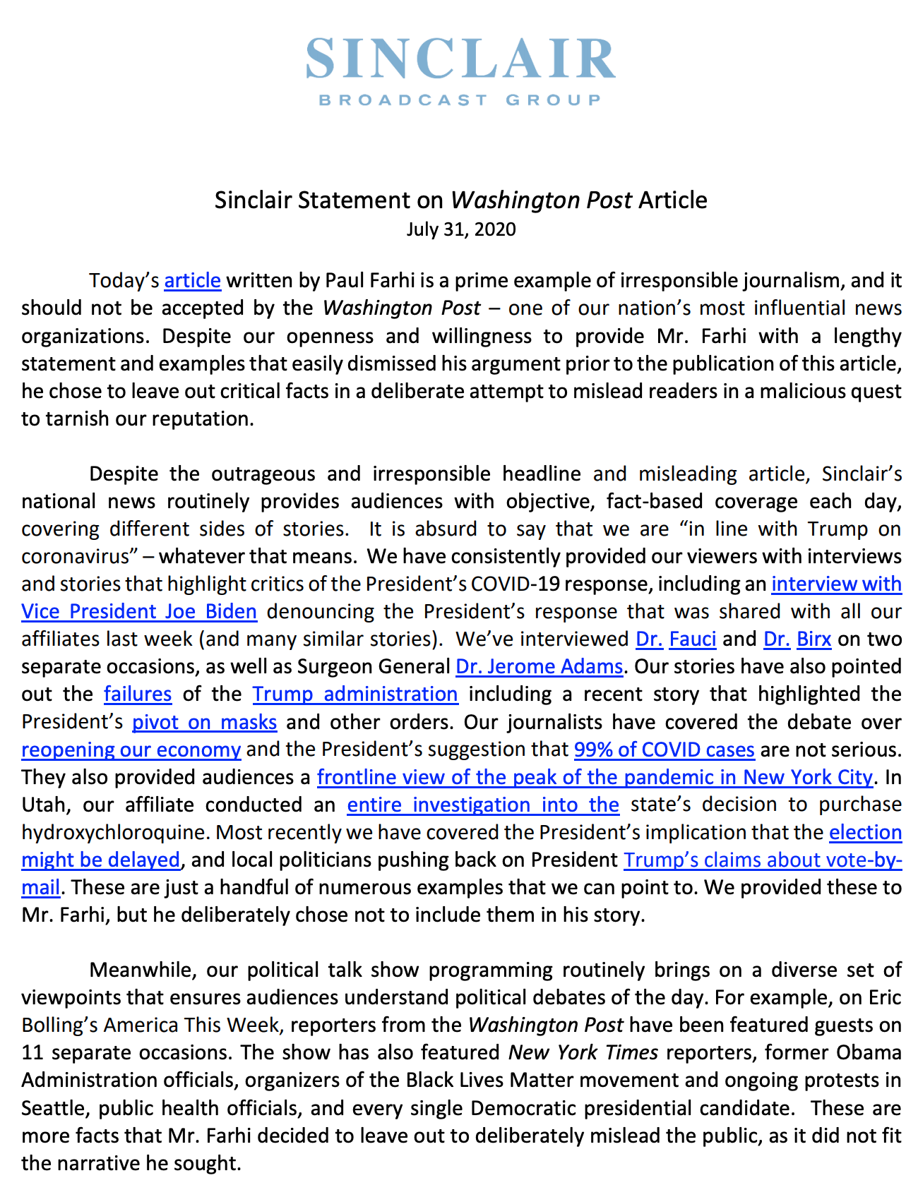 Sinclair Demands Washington Post to Remove a Story About Them — FTVLive