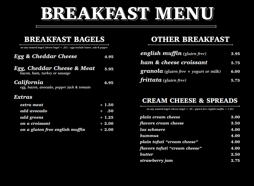 Menus Sweet Bar Bakery