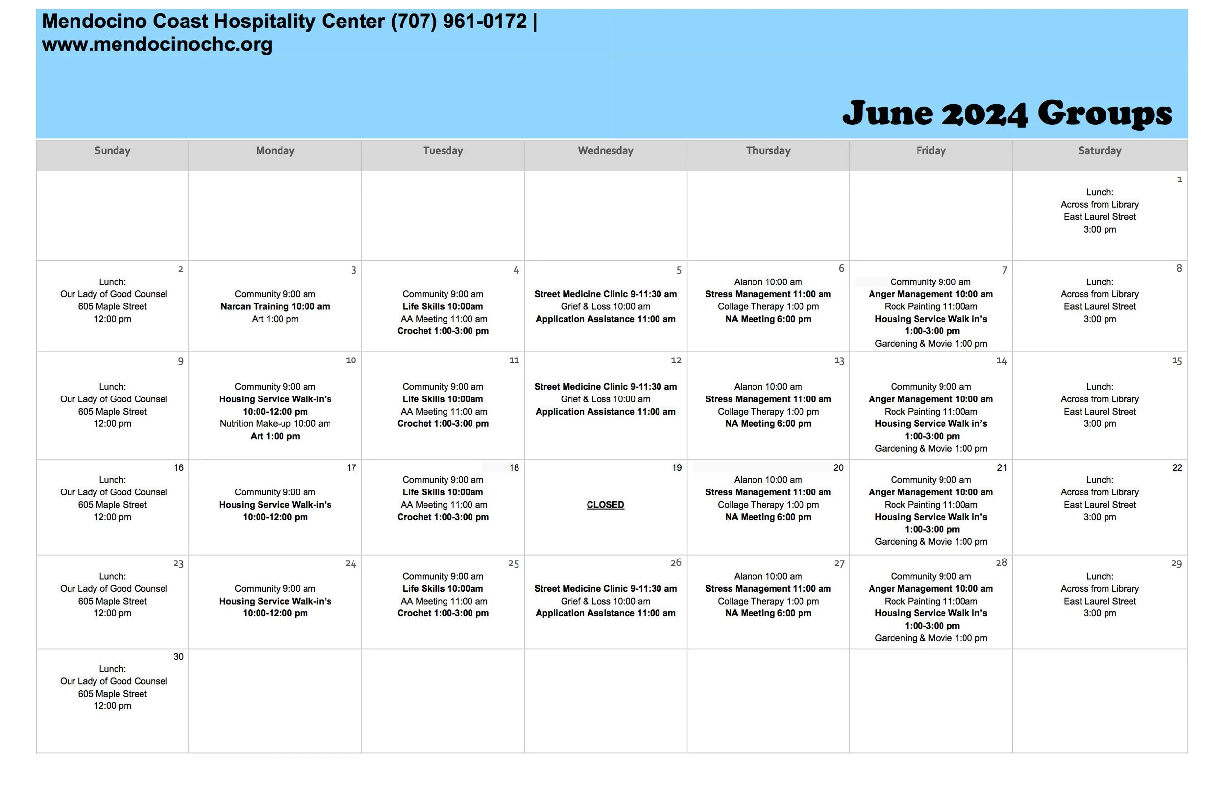 Hospitality Center Activities Calendar — Mendocino Coast Hospitality Center