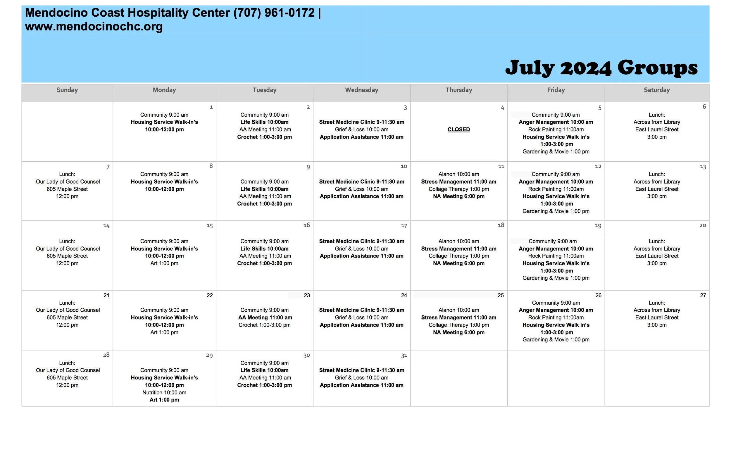 Hospitality Center Activities Calendar — Mendocino Coast Hospitality Center