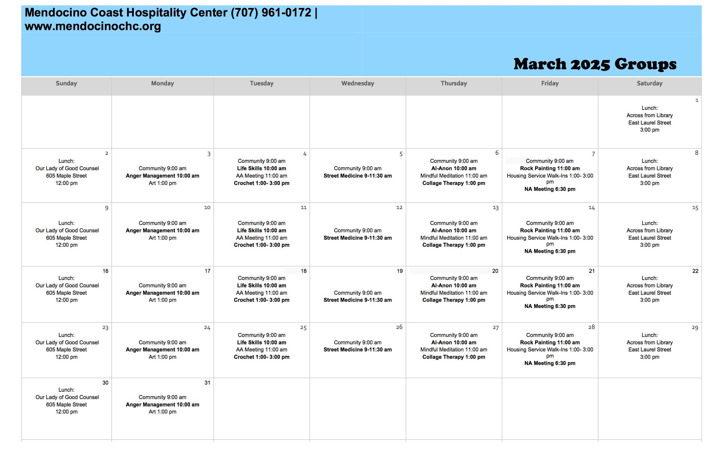 Hospitality Center Activities Calendar — Mendocino Coast Hospitality Center