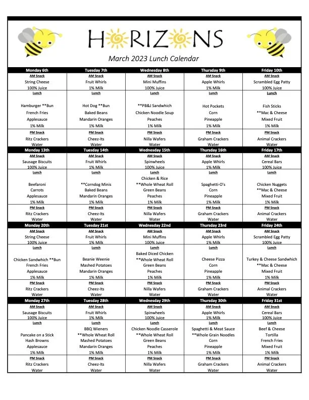 Lunch / Snack Calendars — Horizons Christian Academy