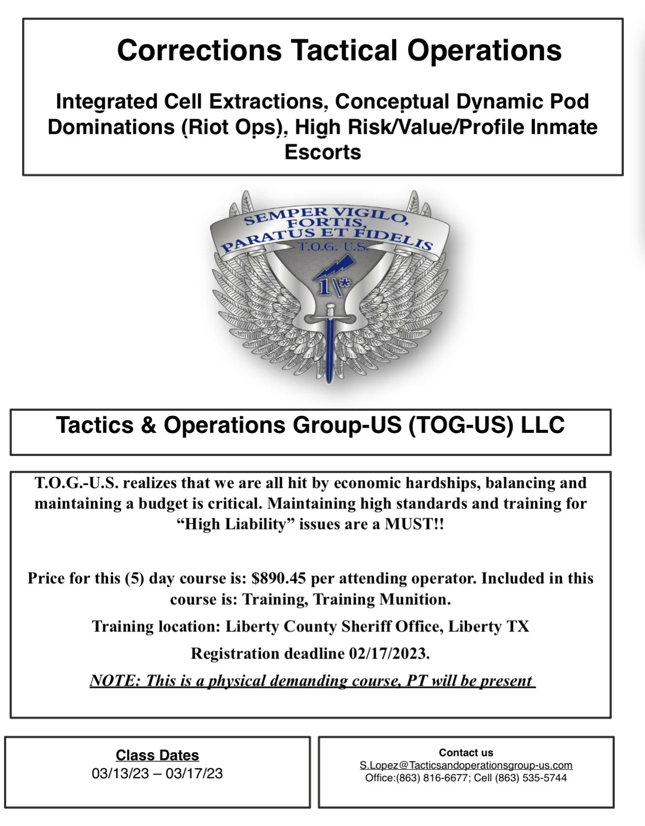 Training Calendar, Tactics and Operations Group-US