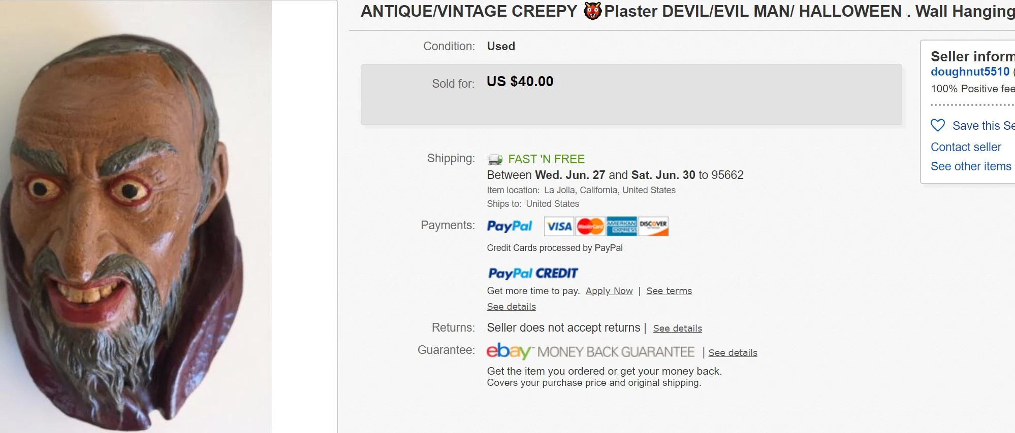 ANTIQUE/VINTAGE CREEPY 👹Plaster DEVIL/EVIL MAN/ HALLOWEEN . Wall ...