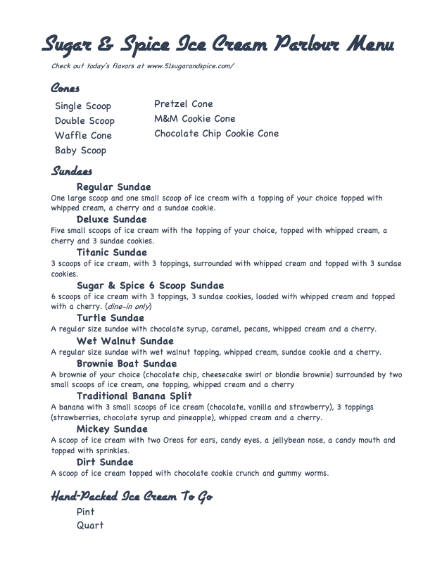 Ice Cream Menu — Sugar and Spice