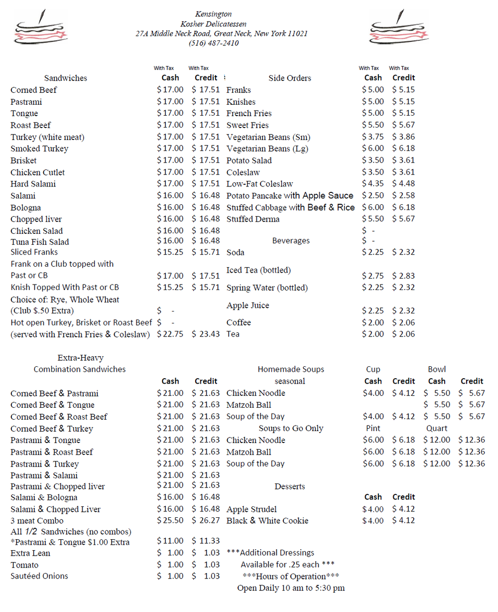 Menu — Kensington Kosher Delicatessen
