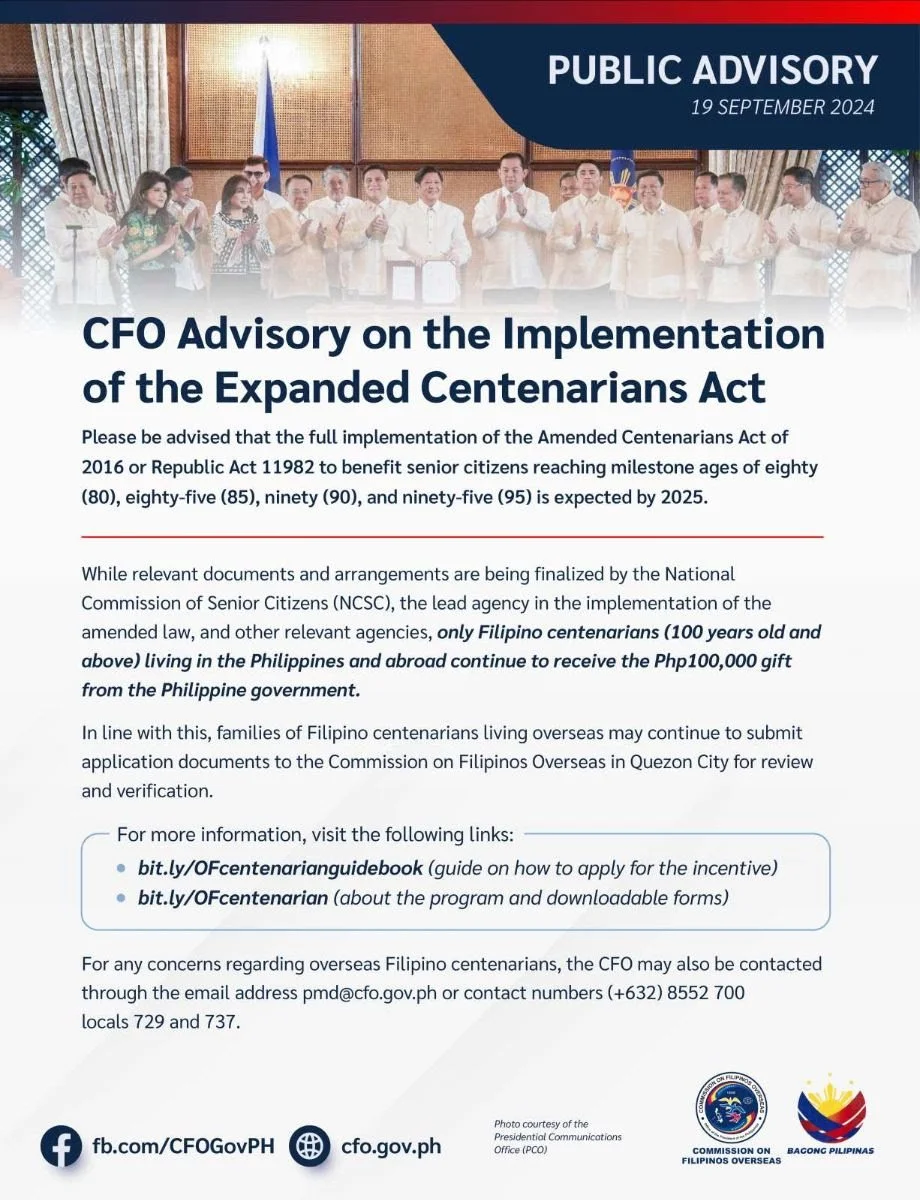 CFO Advisory: Implementation of the Expanded Centenarians Act — Positively Filipino | Online ...