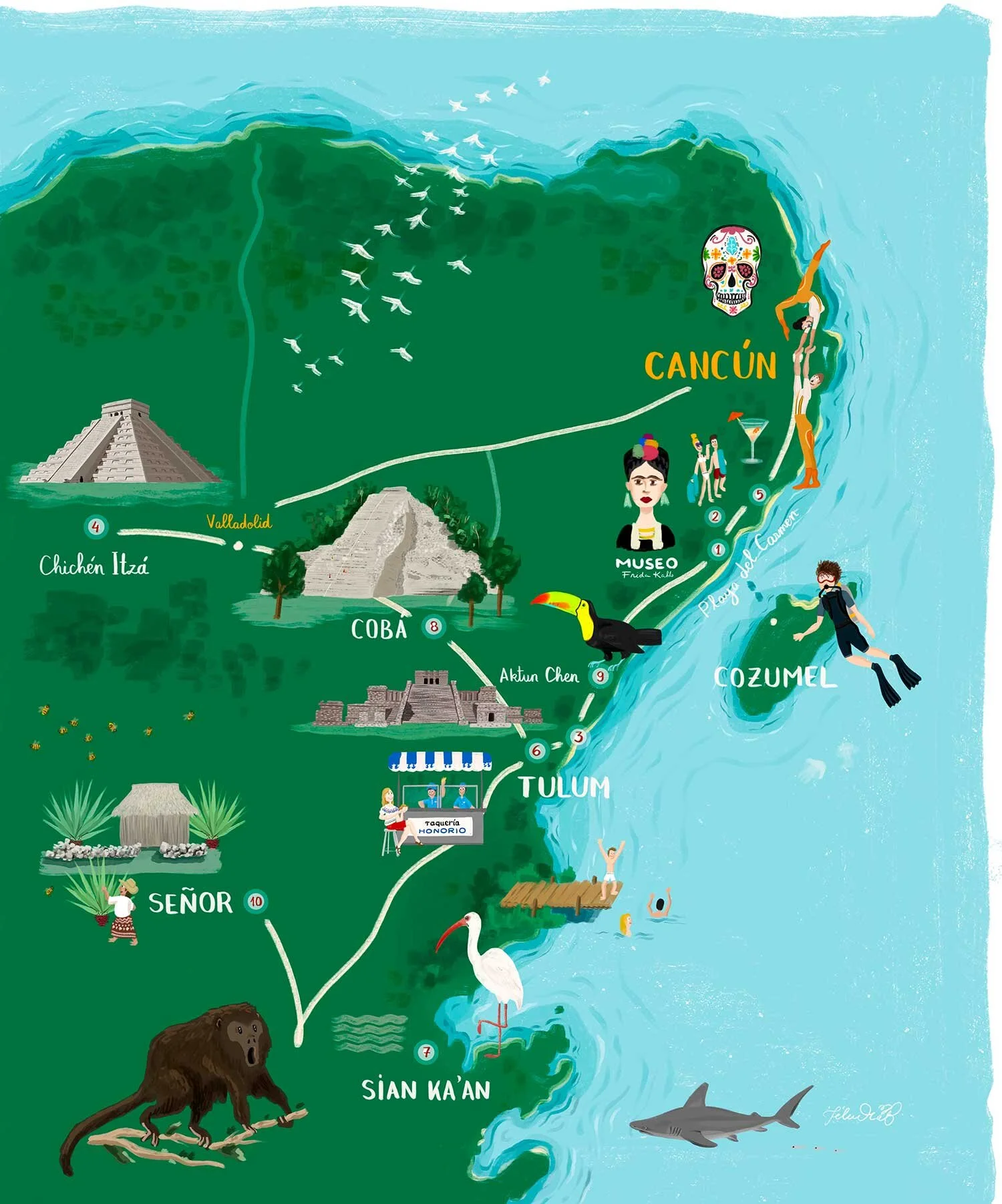 Illustrated map of Riviera Maya - Felix Diaz de Escauriaza | Illustration