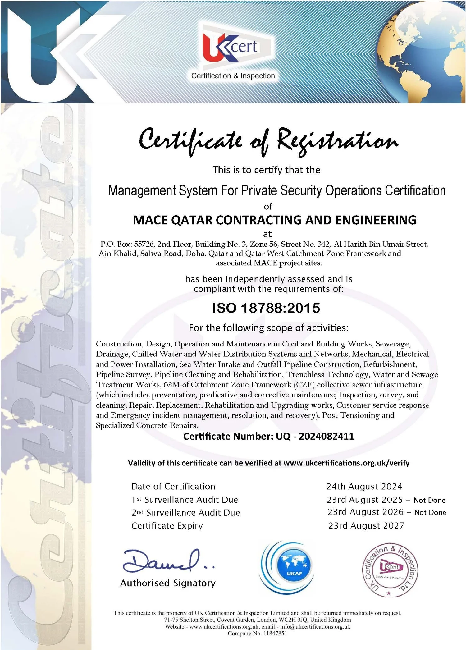 ISO 18788 Certification — MACE QATAR - Contracting and Engineering Company
