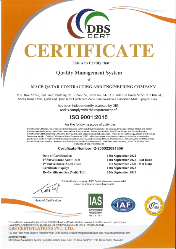 ISO 9001 Certification — MACE QATAR - Contracting and Engineering Company