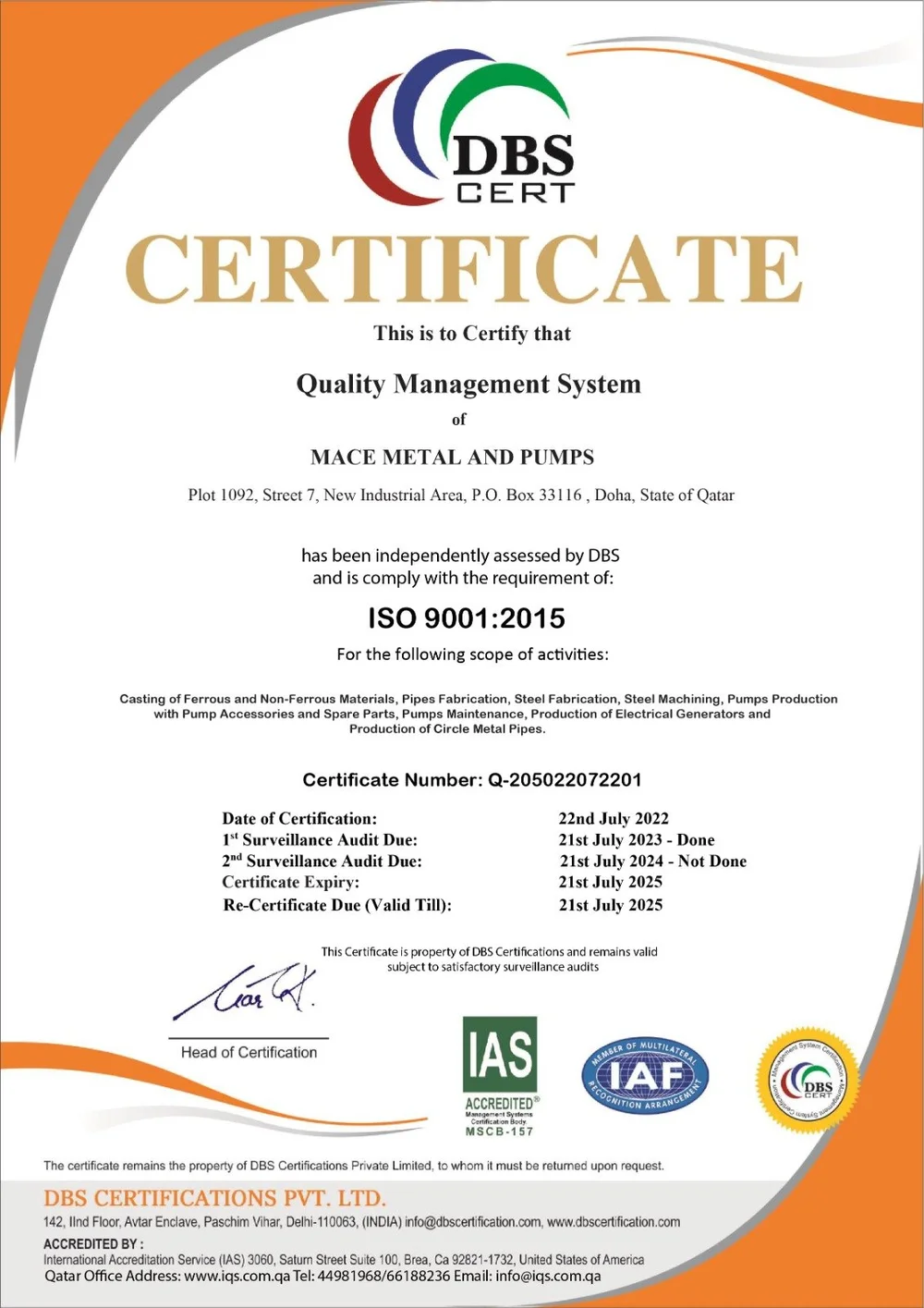 Certificates — MACE QATAR - Contracting and Engineering Company