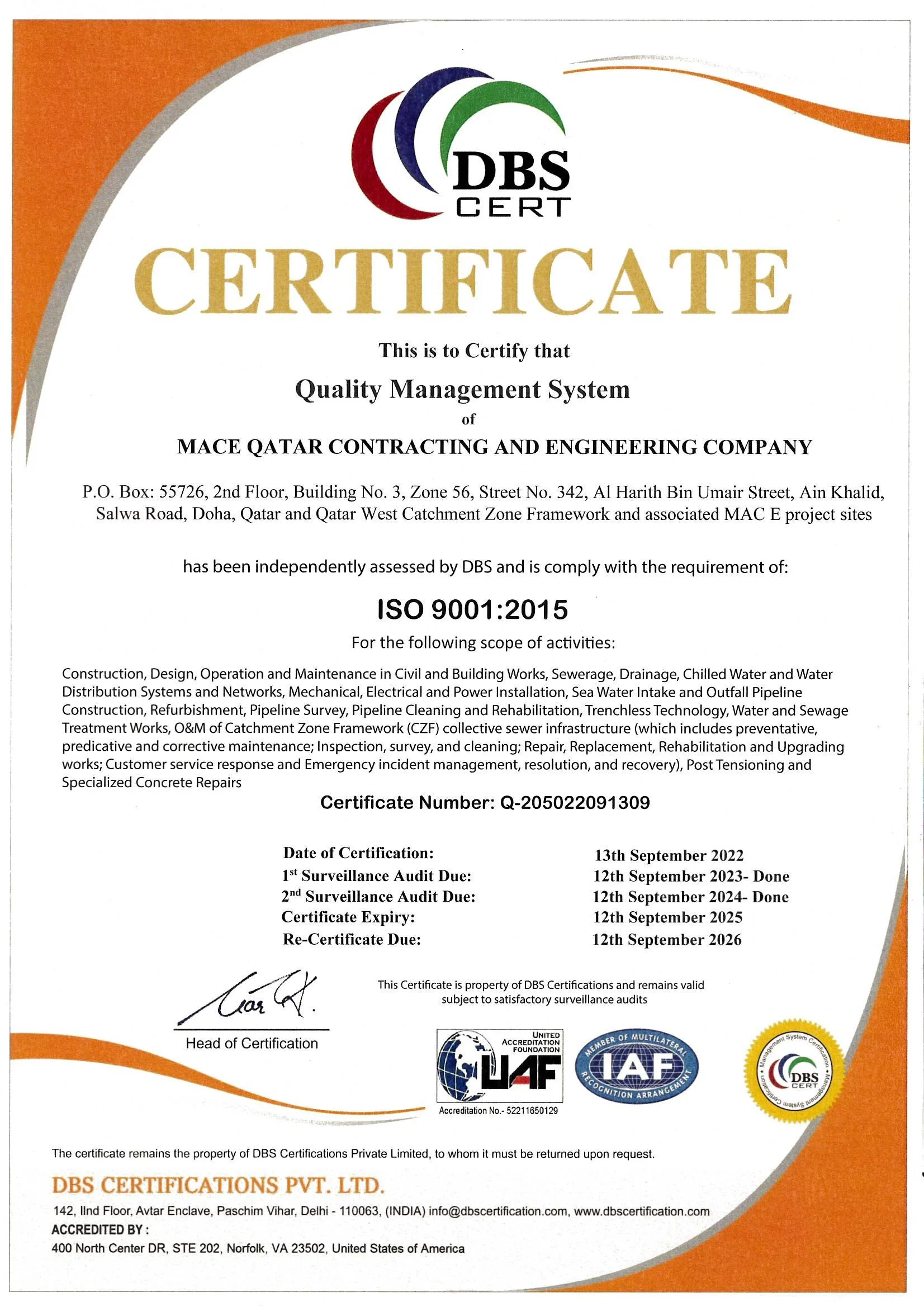 ISO 9001 Certification — MACE QATAR - Contracting and Engineering Company