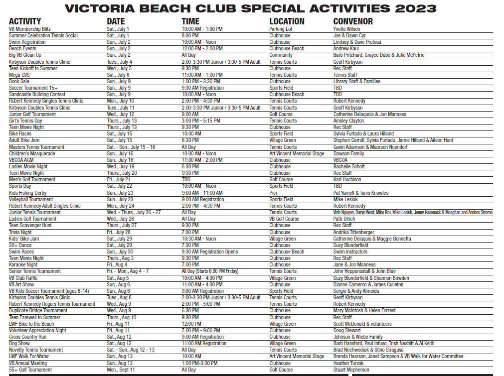 calendar of events — Victoria Beach Club