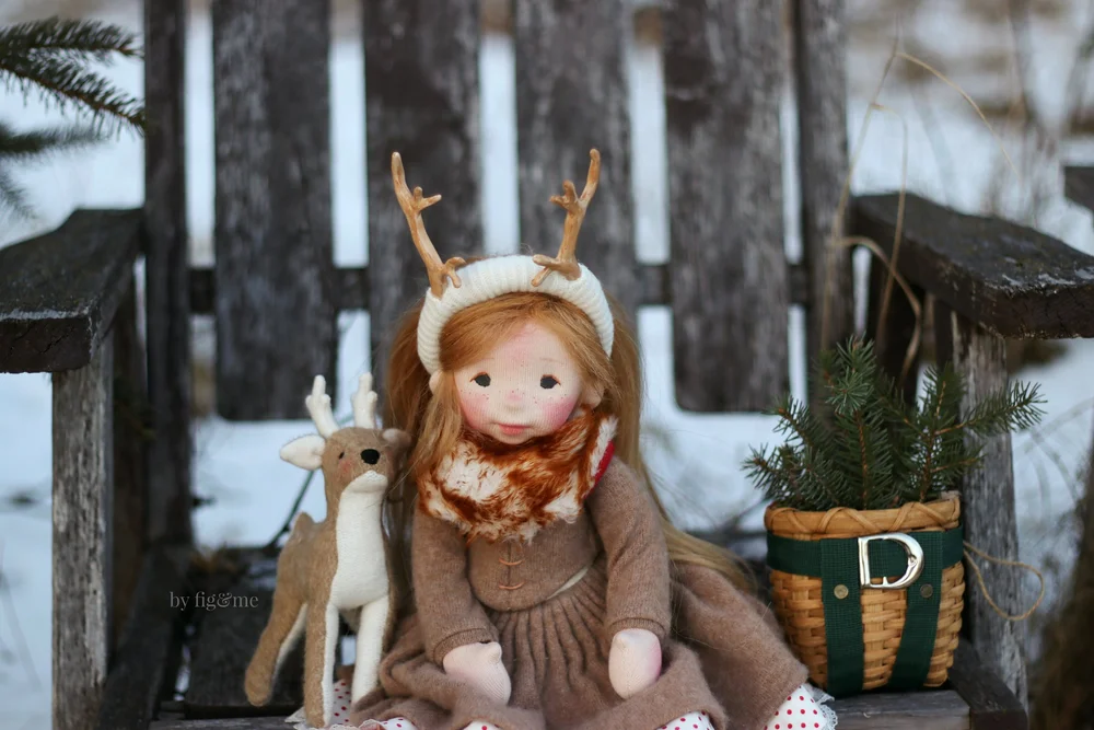 Ainur and her deer friend Magnus, set of natural fiber art dolls by Fig ...