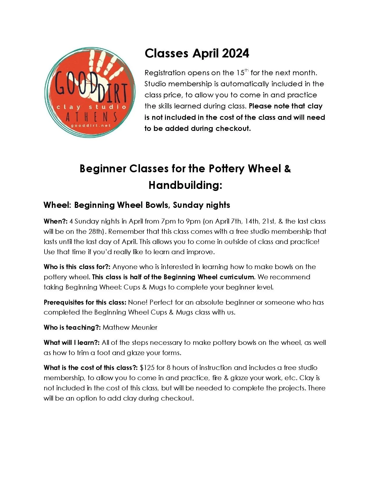 PDF of April Classes — Good Dirt Clay Studio