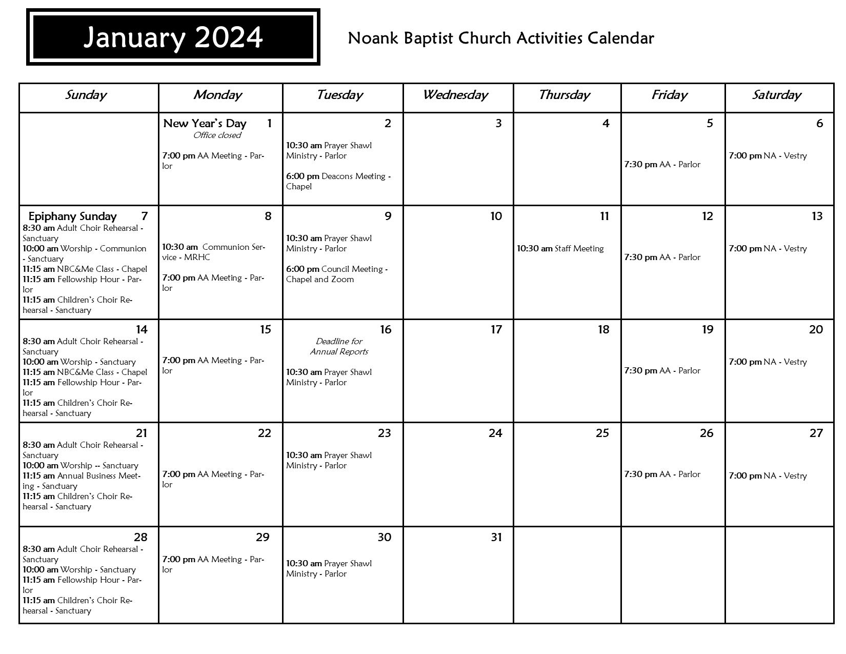 NBC Calendar — Noank Baptist Church