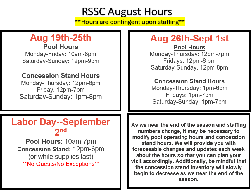 Pool and Concession Hours — Rock Spring Swim Club