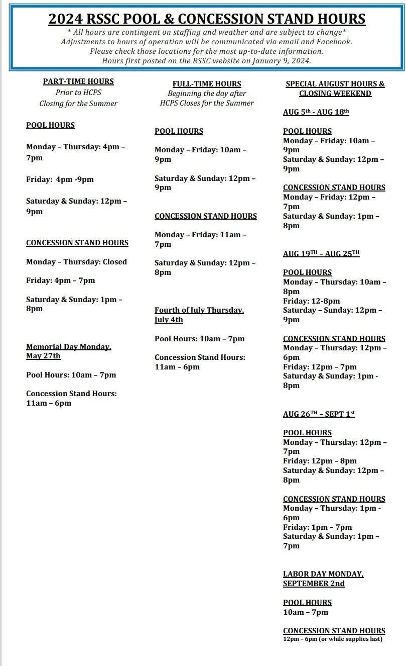 Pool and Concession Hours — Rock Spring Swim Club