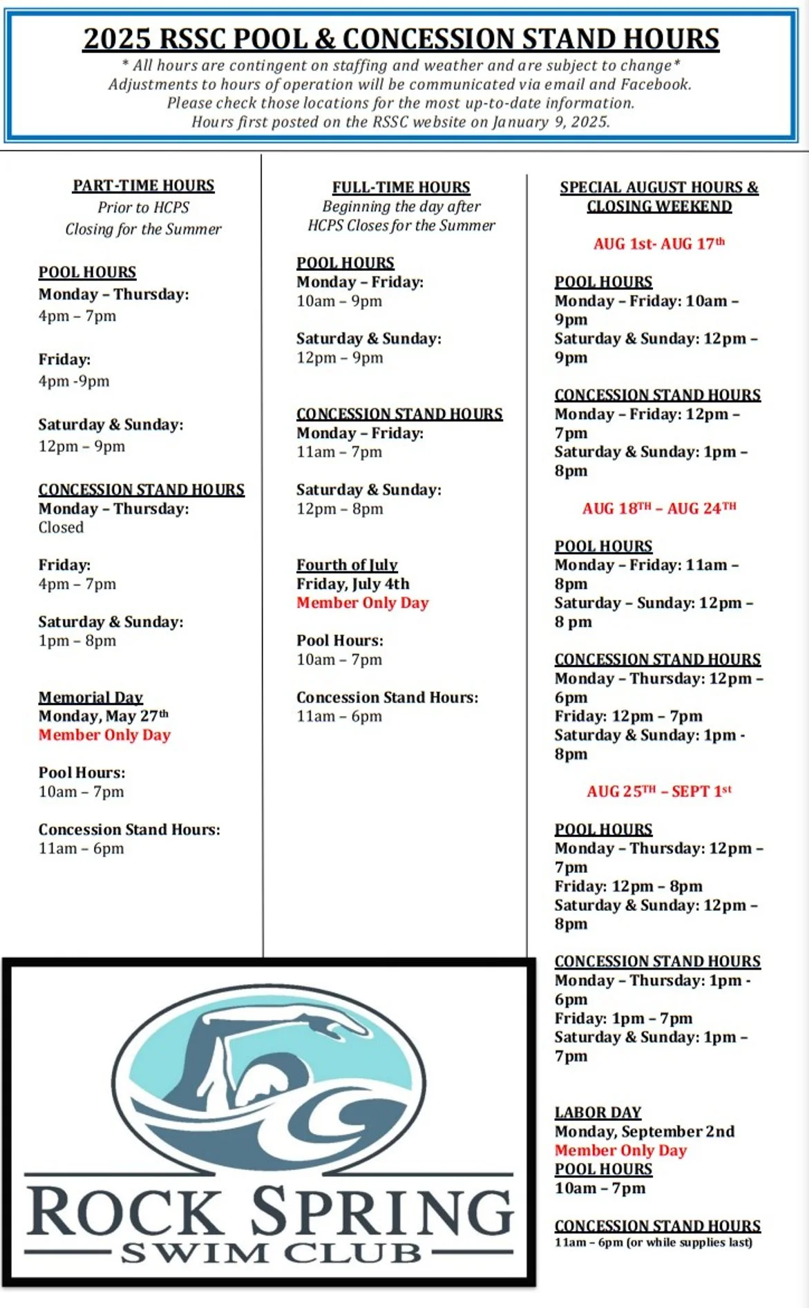 Pool and Concession Hours — Rock Spring Swim Club