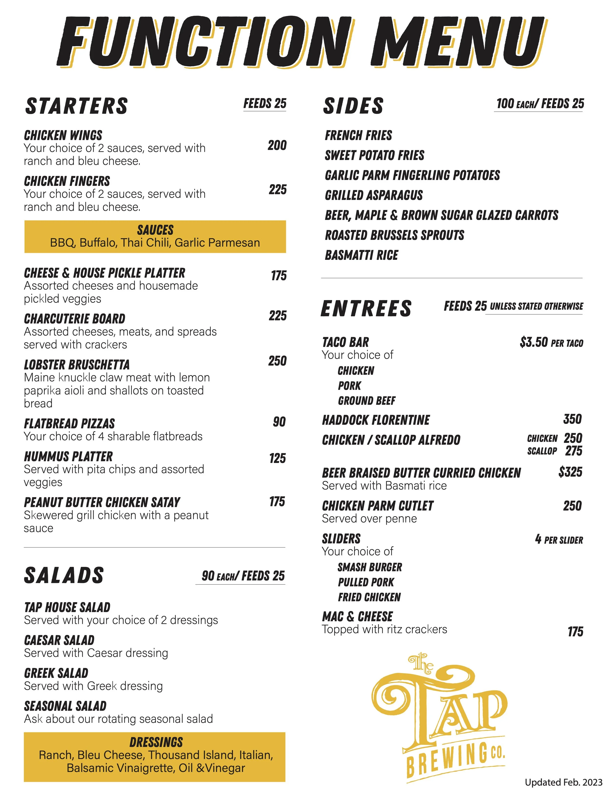 Function/Events Menu — The Tap Brewing Company