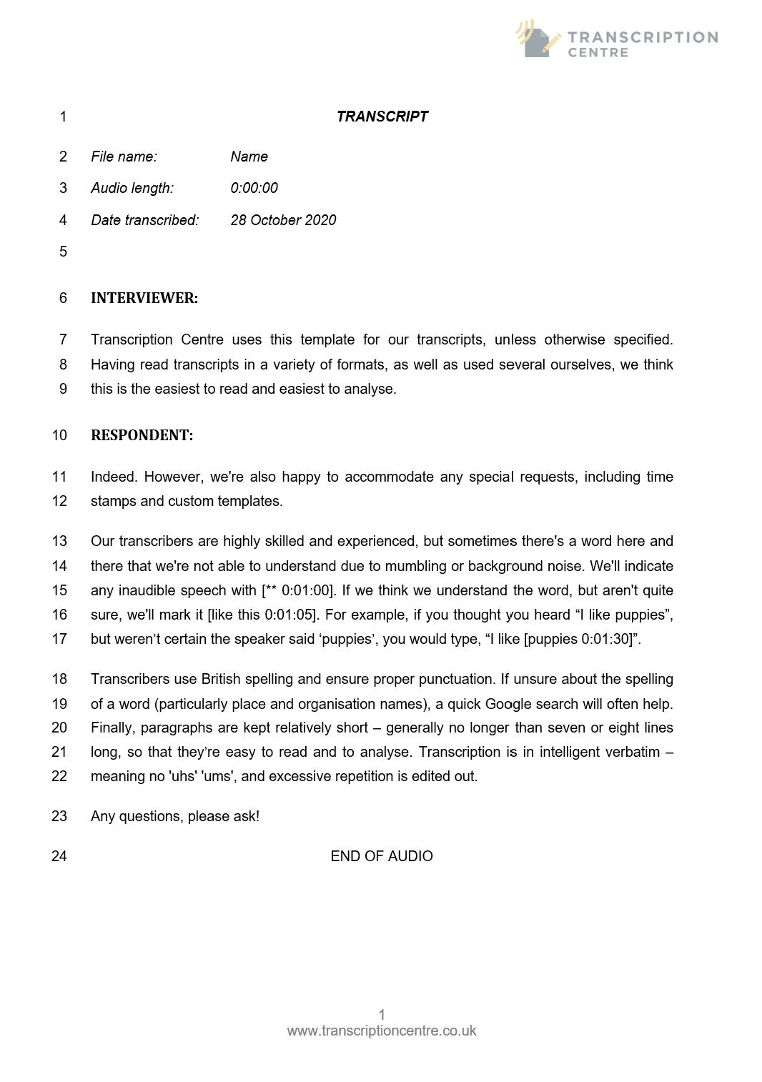 Example transcript templates - Transcription Centre