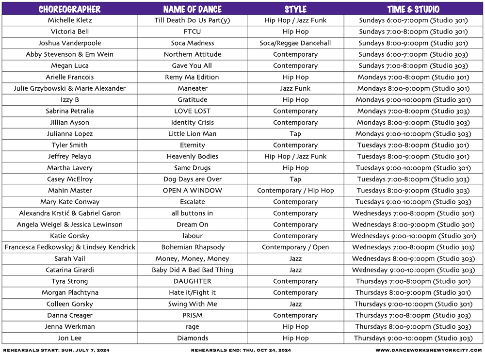 Rehearsal Schedule — DanceWorks New York City
