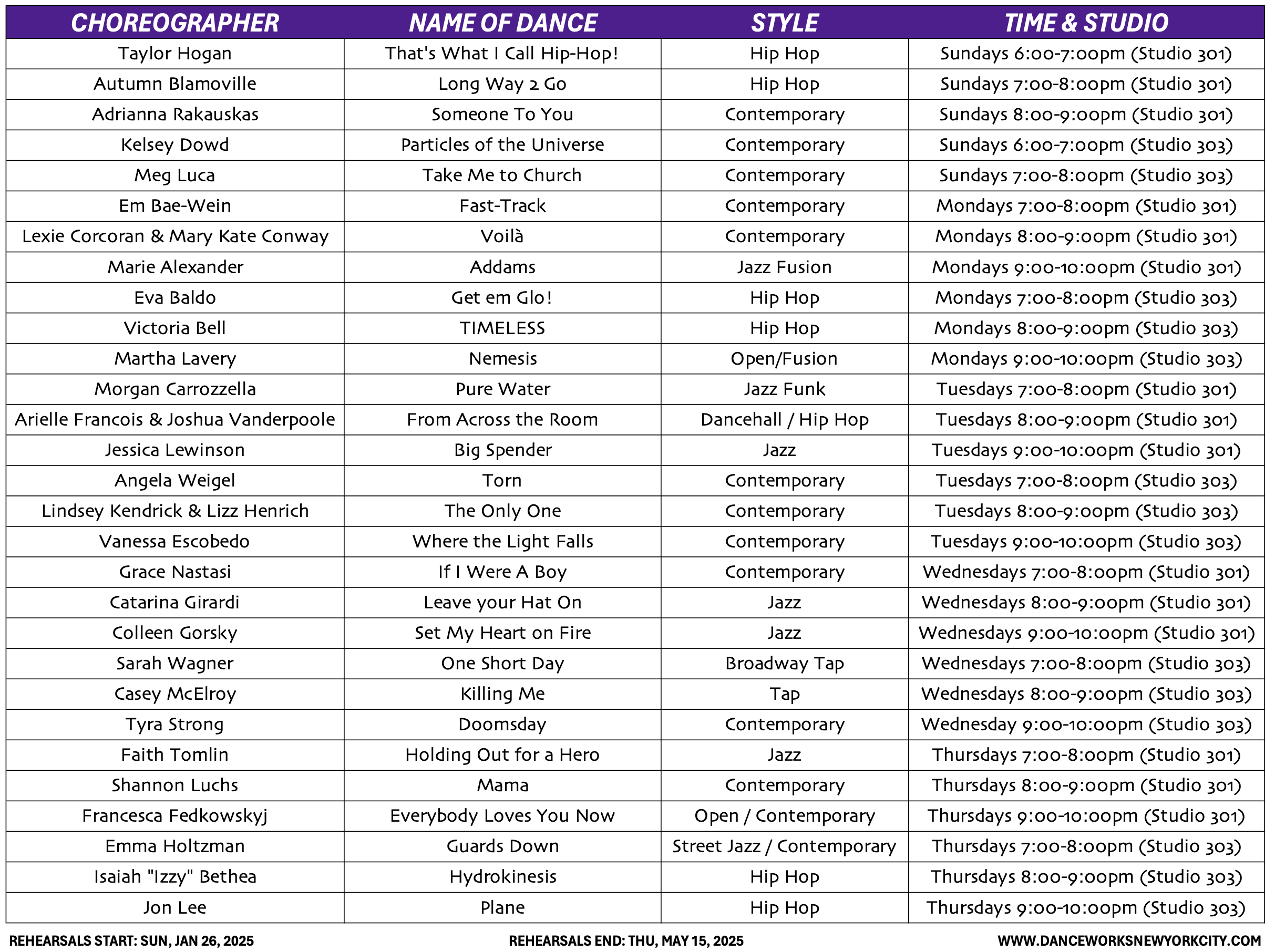 Rehearsal Schedule — DanceWorks New York City