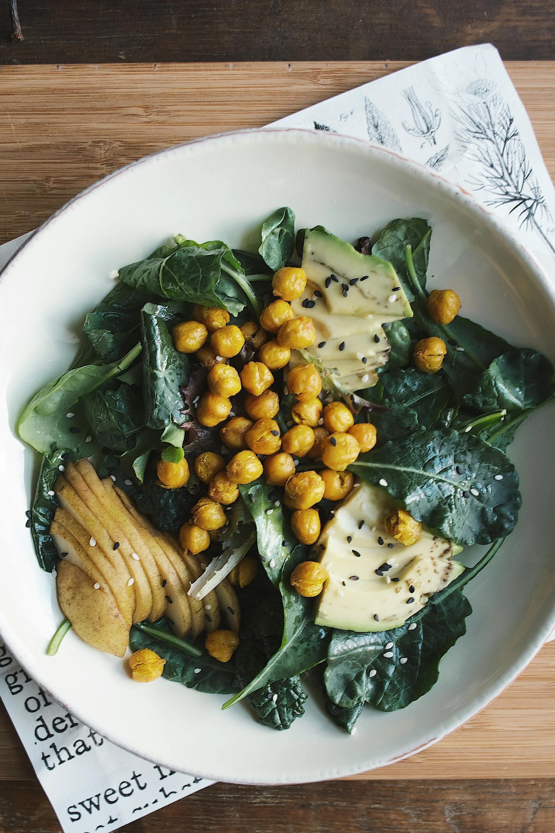 a warm salad of roasted turmeric-chili chickpeas + pear — dolly and oatmeal