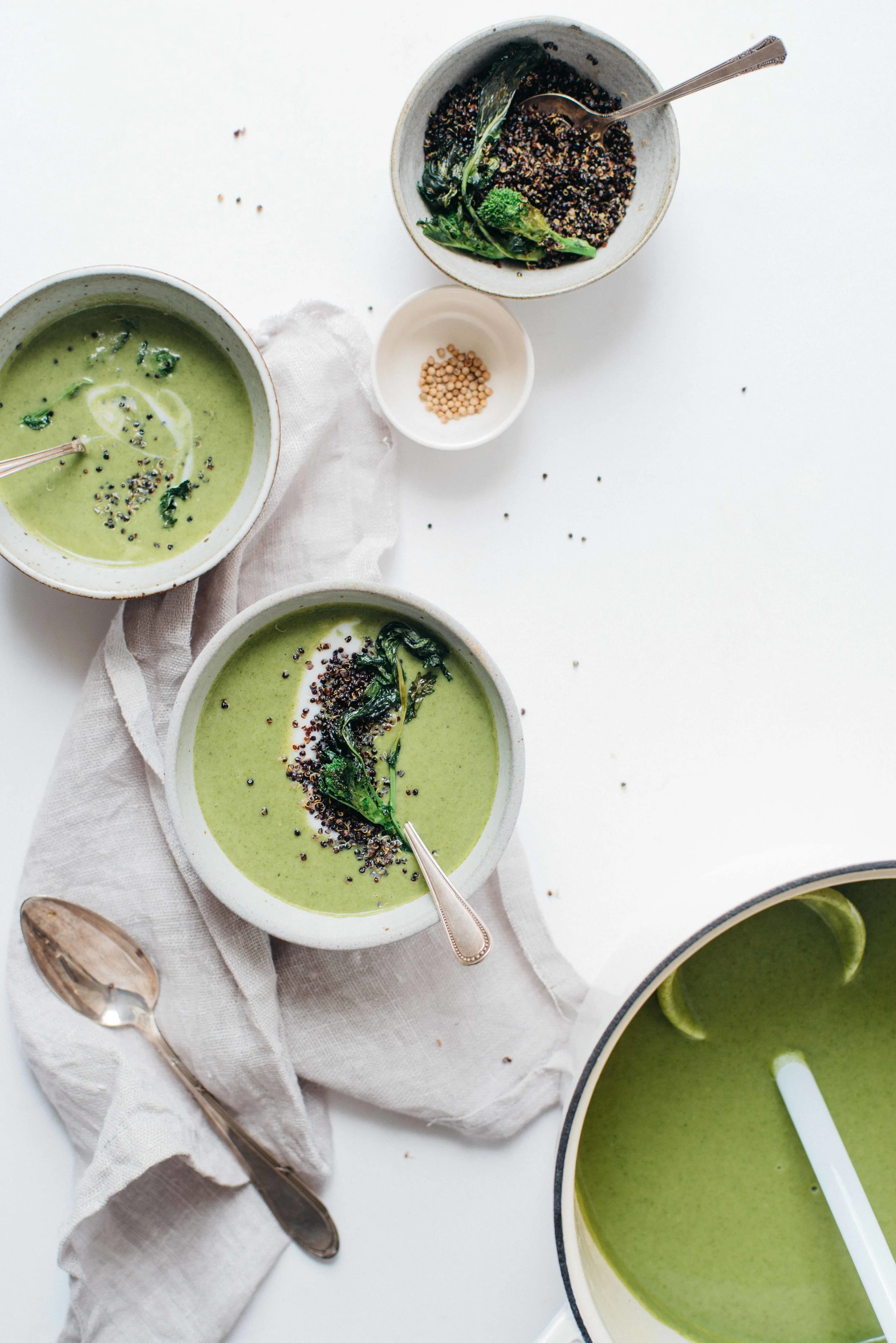 creamy broccoli rabe soup w/ crispy quinoa + yogurt — dolly and oatmeal