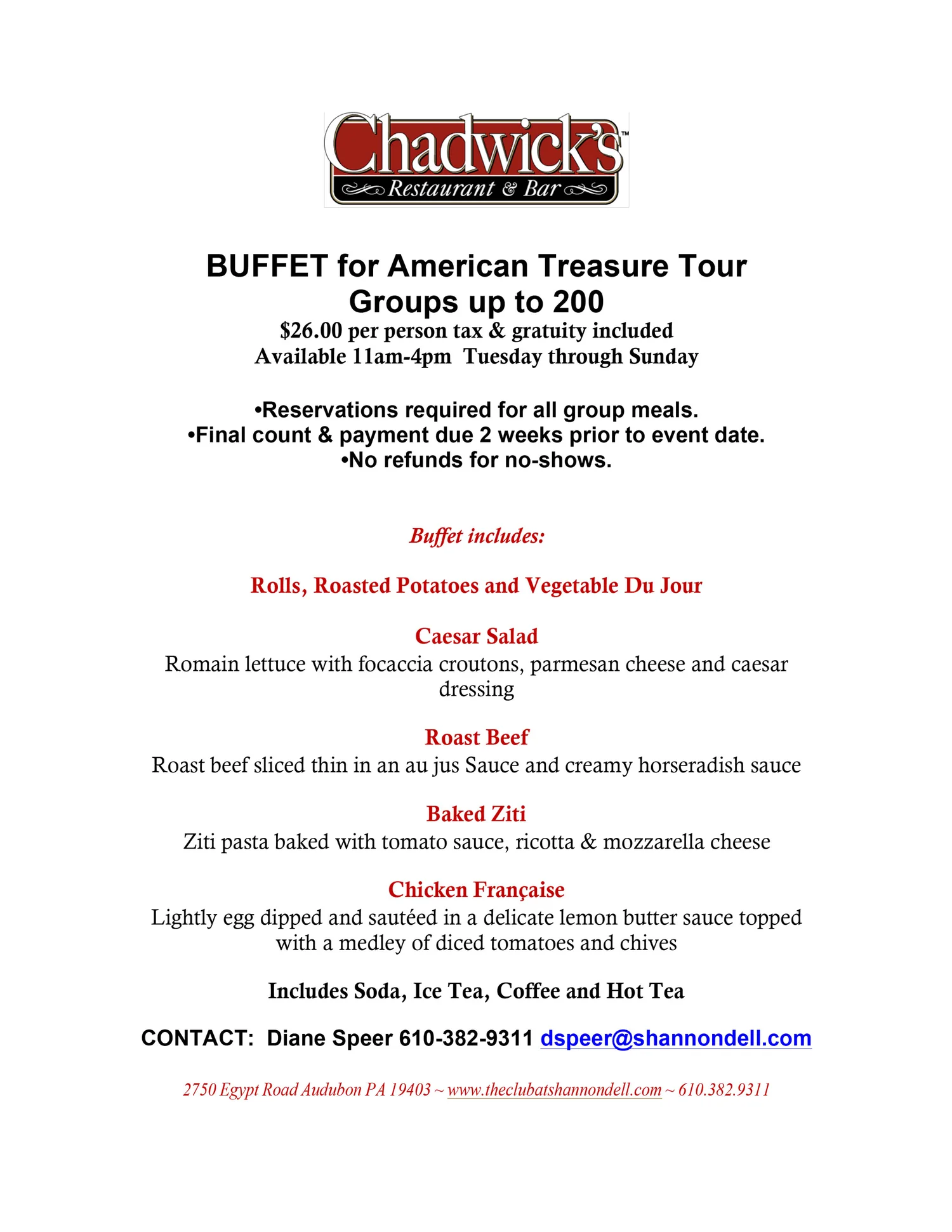 Chadwick's Menus — American Treasure Tour
