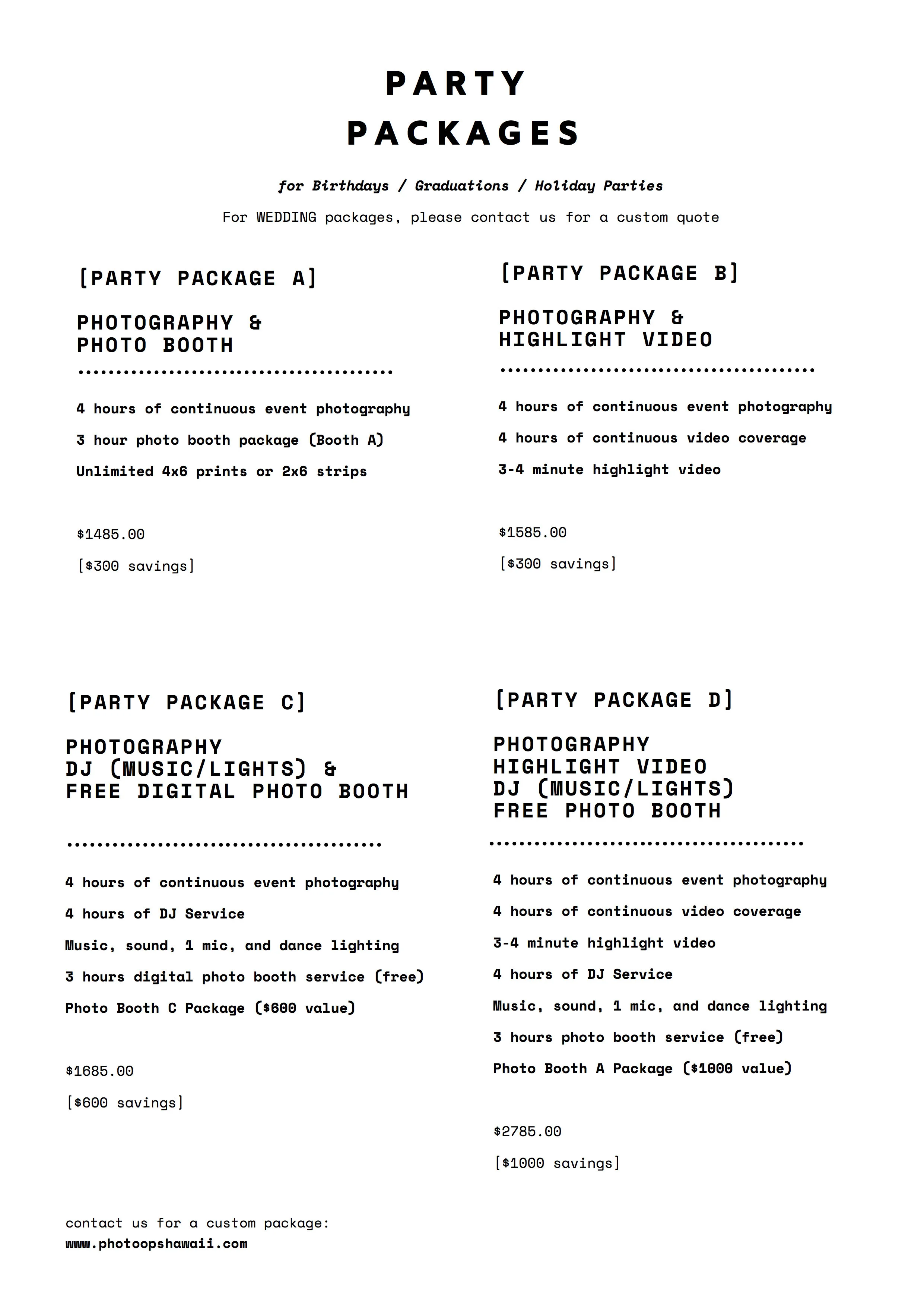 Party Package Pricing — Event Photograher Hawaii