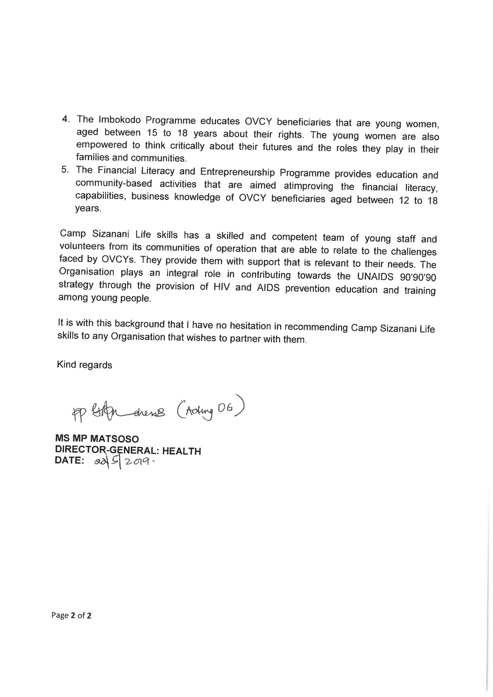 Dept. of Health Endorsement Letter — Global Camps Africa