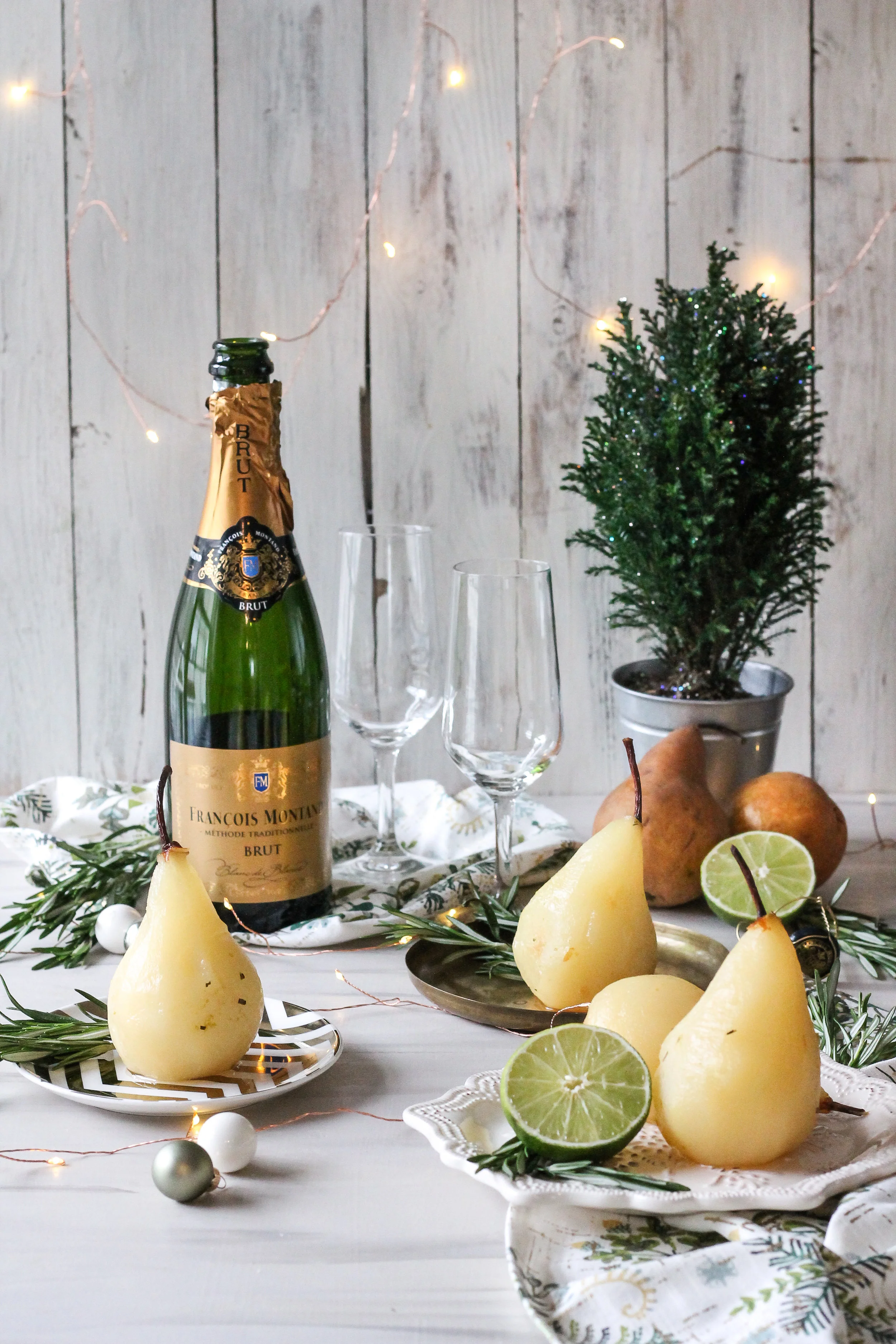 Champagne Poached Pears with Rosemary & Lime — Plate Fete