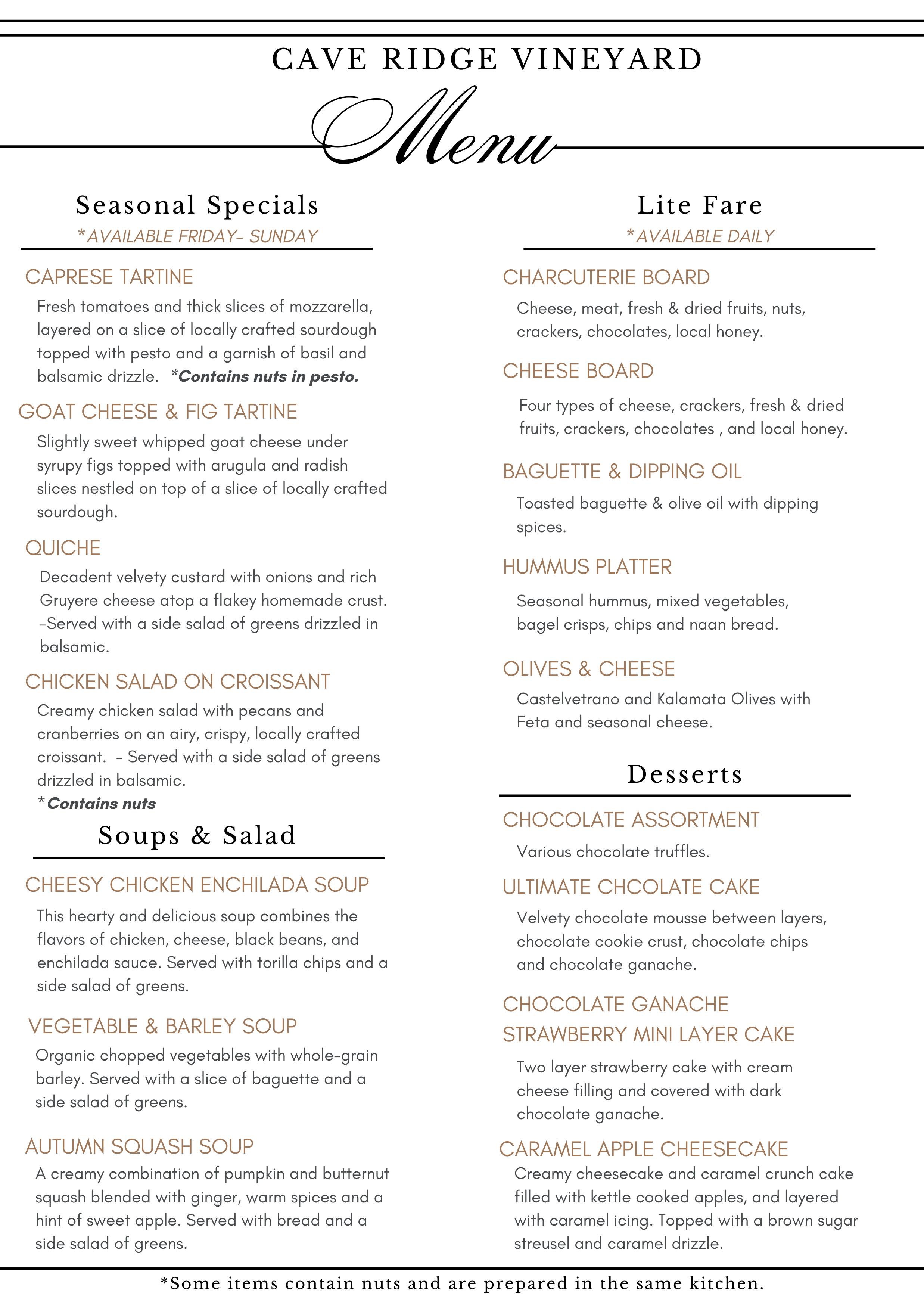 Menu — Cave Ridge Vineyard