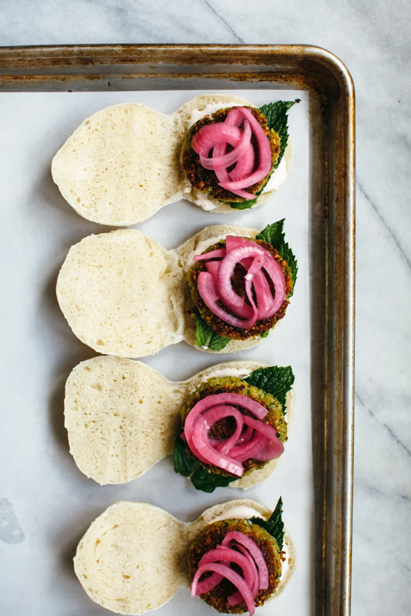 falafel sliders with spicy yogurt, mint, and sumac onions — molly yeh