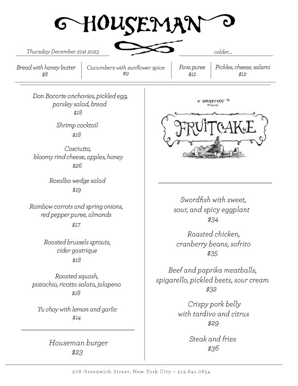 Dinner menu — Houseman Restaurant