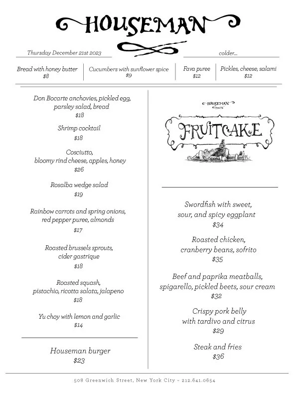 Dinner menu — Houseman Restaurant