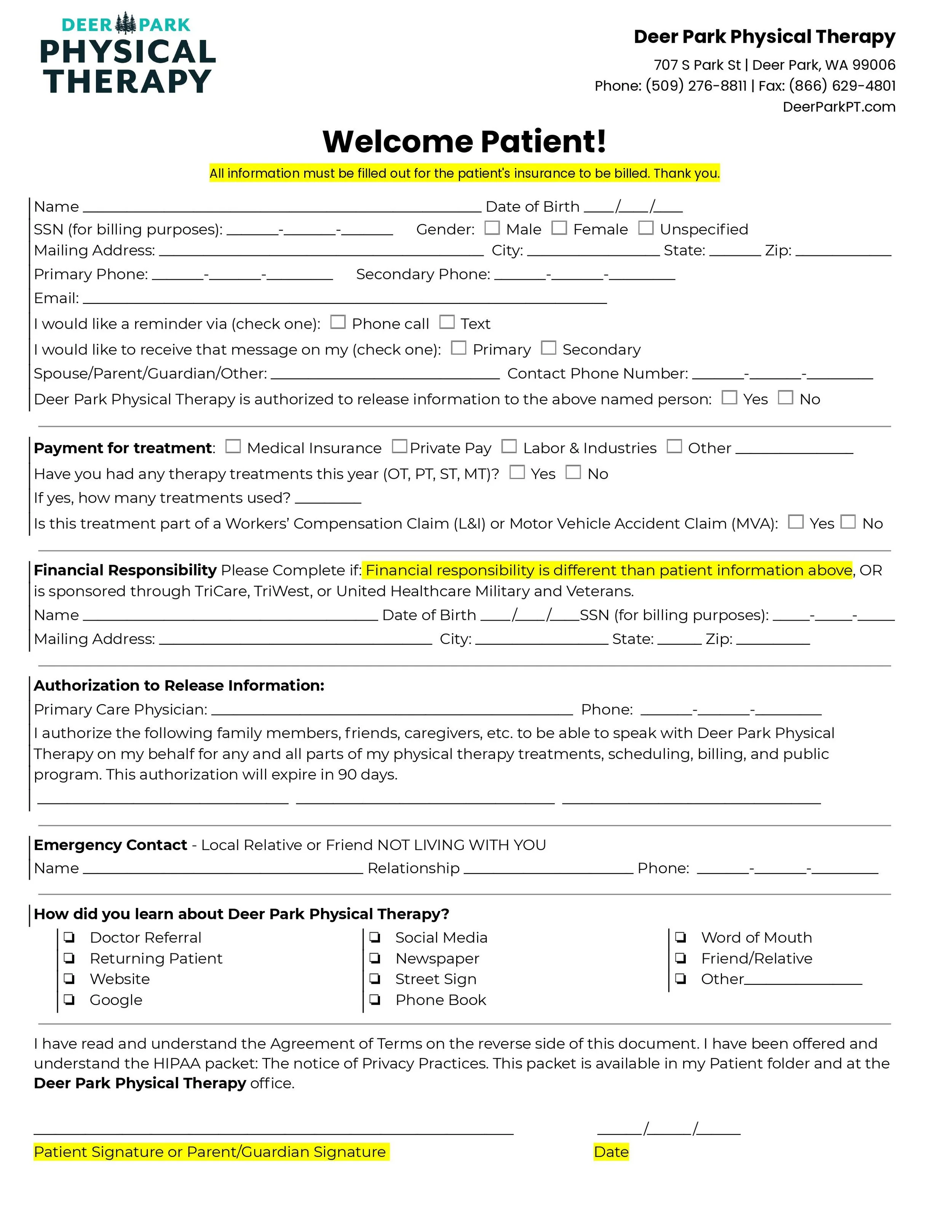 Forms — Deer Park Physical Therapy
