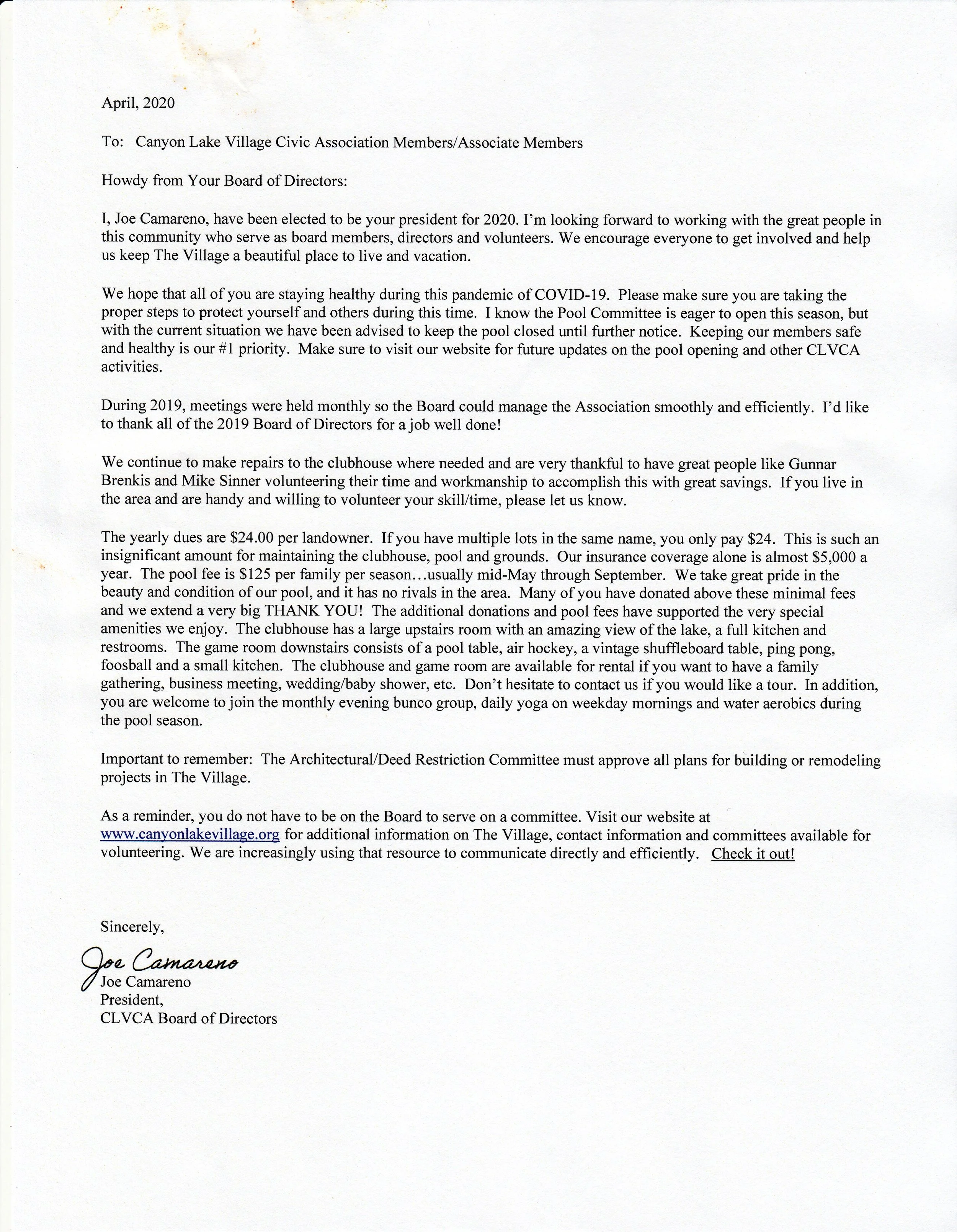 PRESIDENTS LETTER — The Village