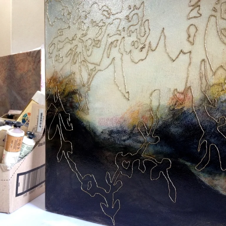 Gold thread embroidery on landscape painting on canvas — artworkerprojects