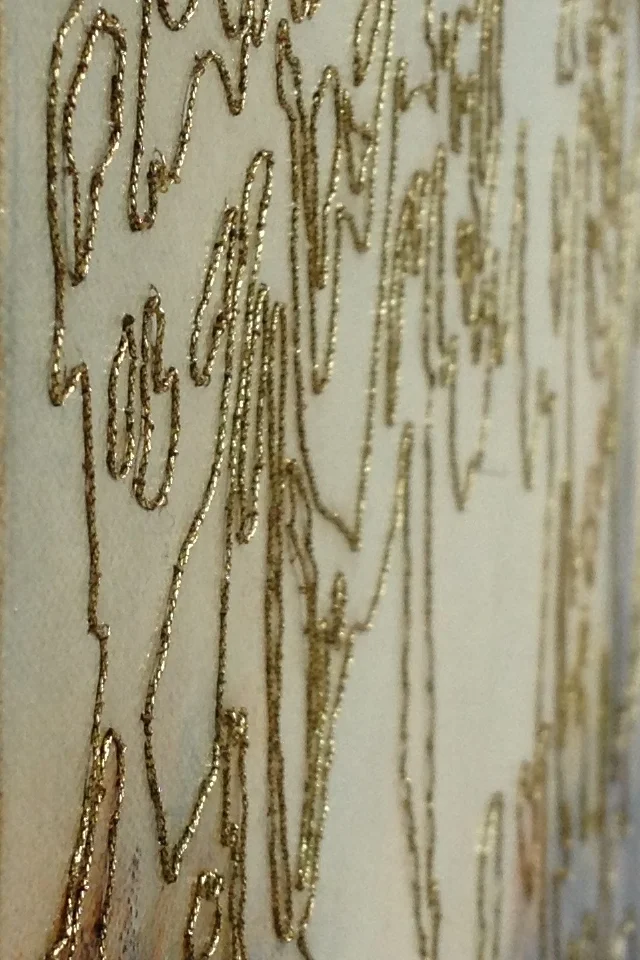 Gold thread embroidery on landscape painting on canvas — artworkerprojects