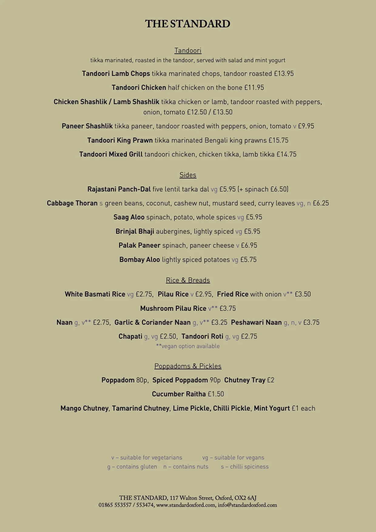 Take Away / Delivery Menu — The Standard