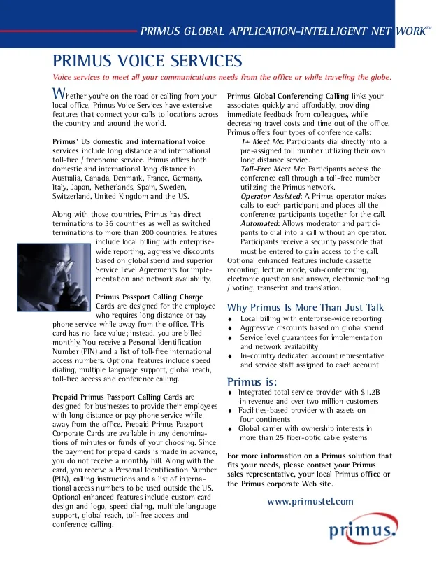 Primus Telecommunications (2000-2001) Senior Manager, Corporate ...